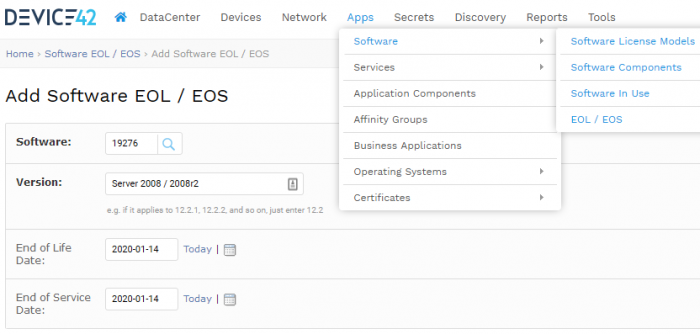 End of Life & End of Support Tracking with Device42