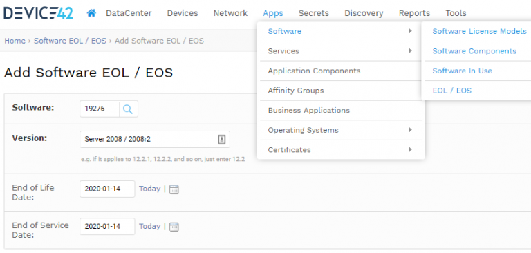 End of Life & End of Support Tracking with Device42