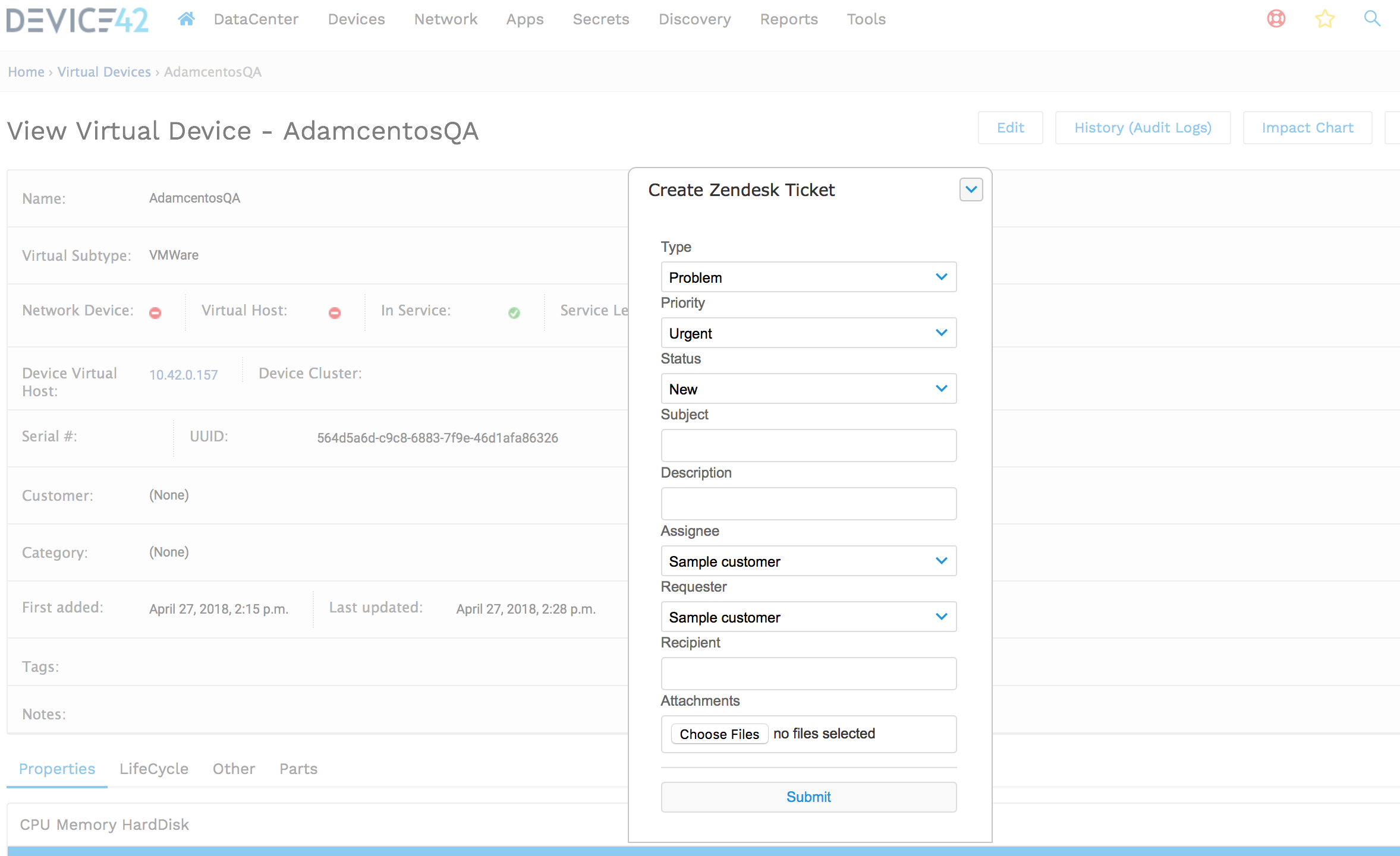 Attach CIs to ZenDesk ITSM Tickets, Create ZenDesk Tickets from Device42!