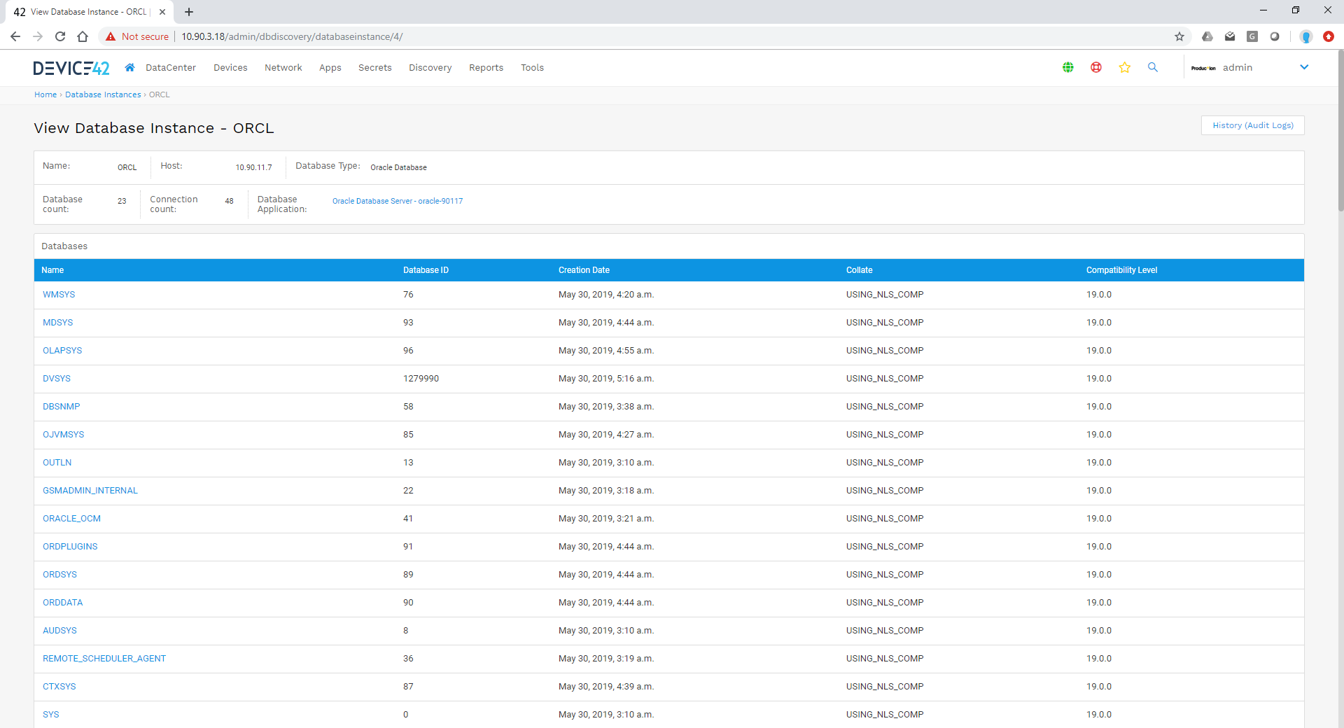 Oracle DB Discovery and Device42 License Alerts in v16.04.00